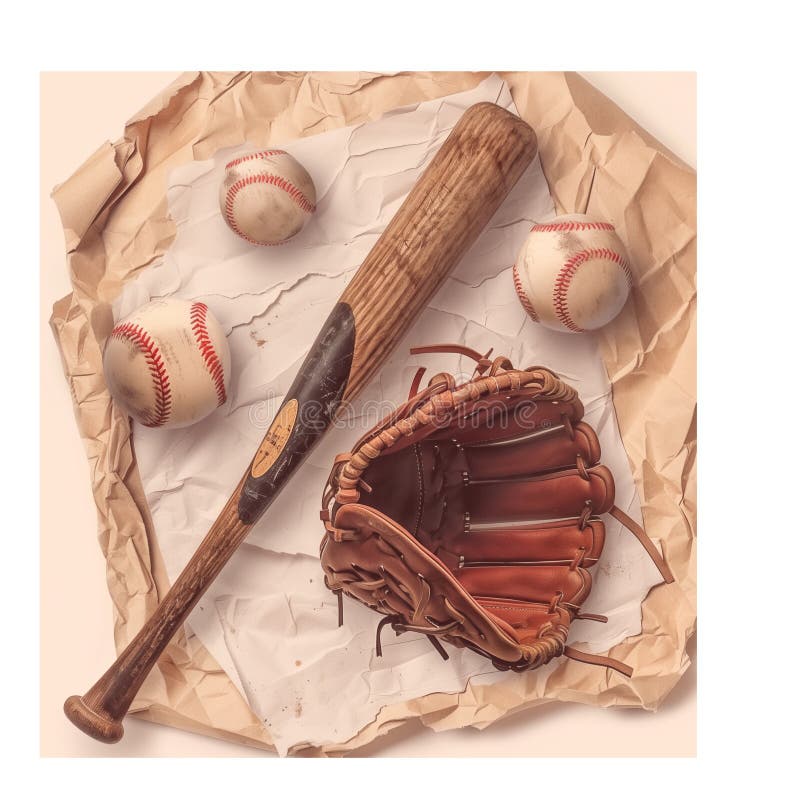 Baseball Equipment on Crumpled Paper Cut Out Image Stock Photo - Image ...