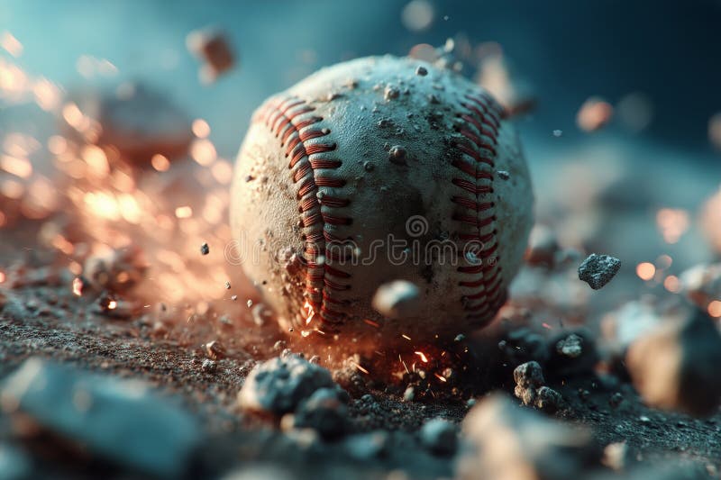 Baseball Exploding from Impact with Debris in Outdoor Field during ...