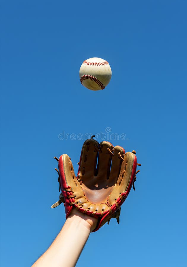 A Baseball Falling Towards a Baseball Glove Against a Clear Blue Sky on ...