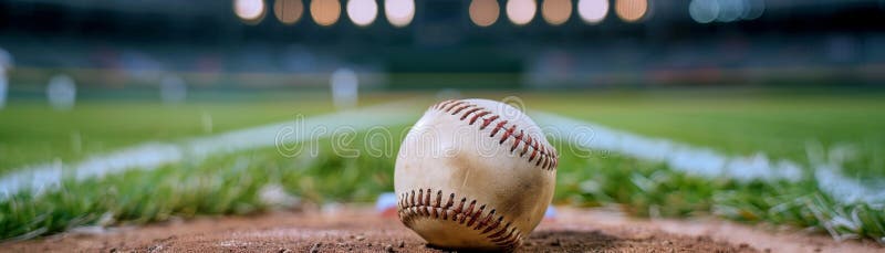 Baseball on Field, with Dirt Mound, Green Grass, Stadium Lights in ...