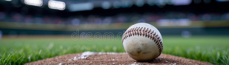 Baseball on Field with Dirt Mound, Green Grass, Stadium Lights, Sharp ...