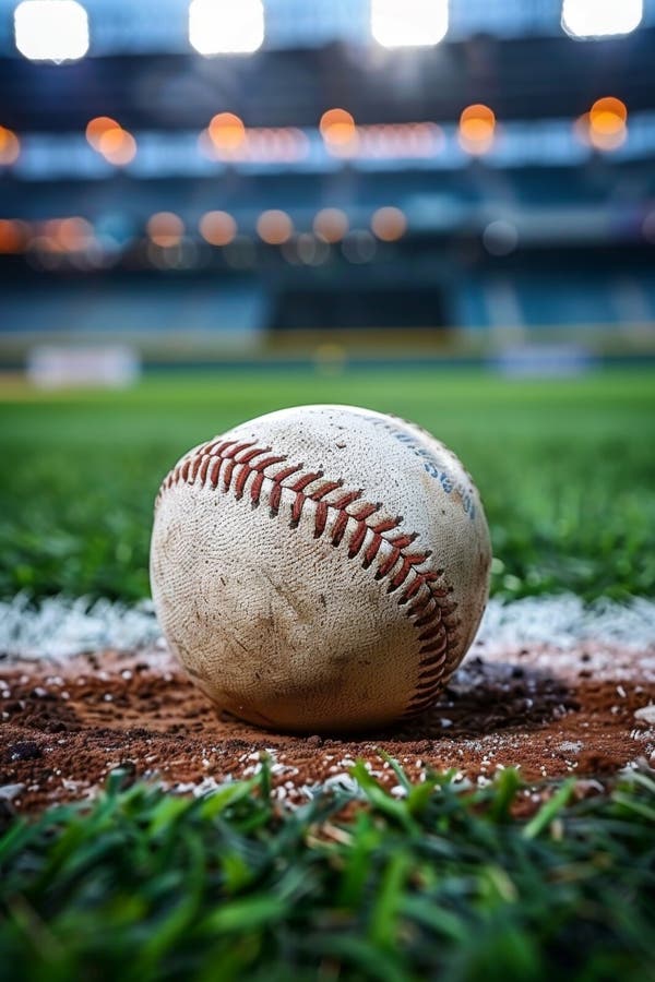 Baseball on a Field with Dirt Mound, Green Grass, and Stadium Lights in ...