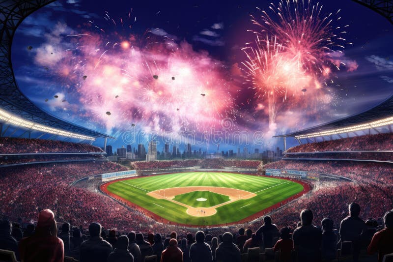 Baseball Field with Fireworks and Crowd at Night. 3D Rendering, a ...