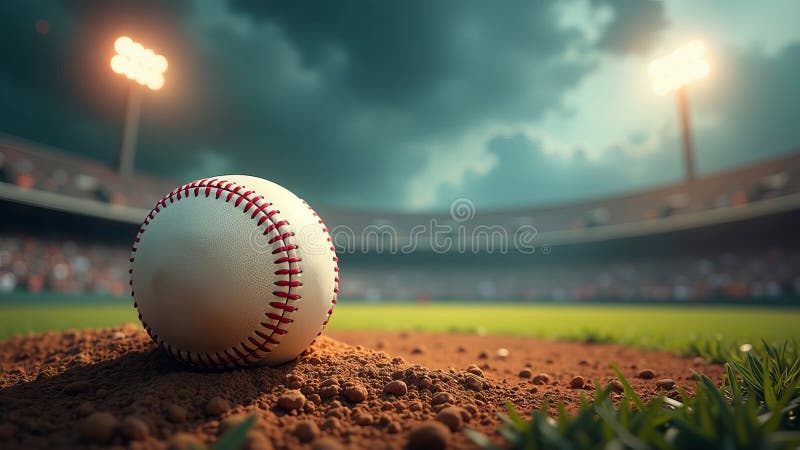 Baseball Field at Night with Bright Floodlights and Copy Space Stock ...