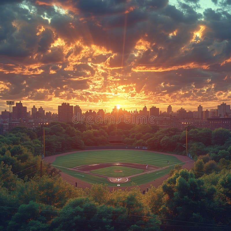 Baseball Field with Setting Sun Stock Illustration - Illustration of ...