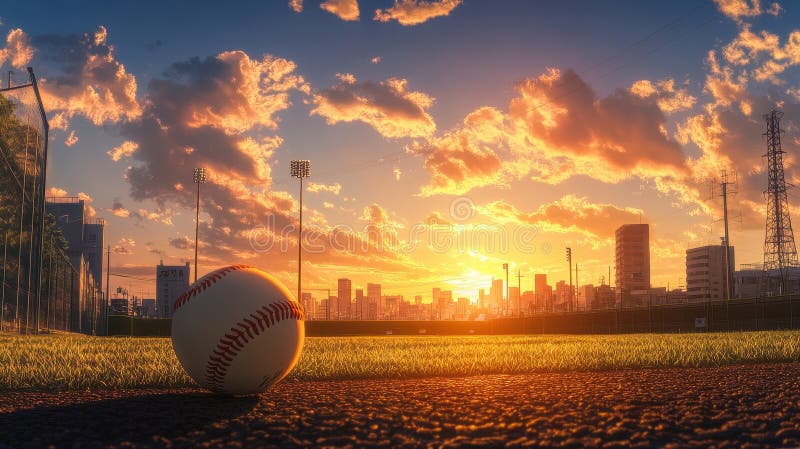 A Baseball on a Baseball Field at Sunset with a City Skyline in the ...
