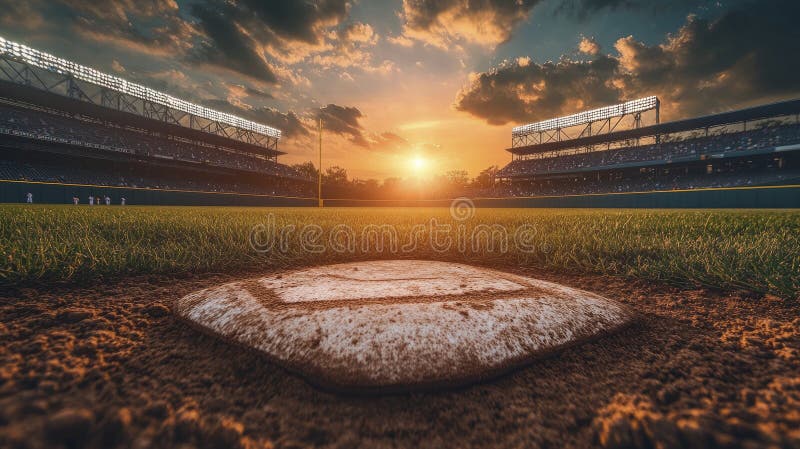 Baseball Field at Sunset. Close Up of Home Plate. Stadium, Grass ...