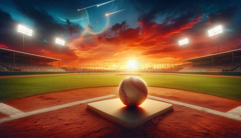 Baseball Field at Sunset with Dramatic Clouds Stock Illustration ...