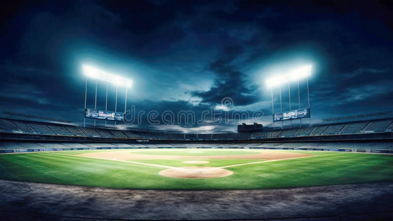 A Baseball Field Under a Starry Sky with Clouds, Illuminated by the ...