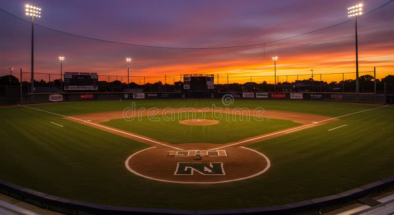 Baseball Field Under Sunset Lights with Vibrant Sky at Evening ...