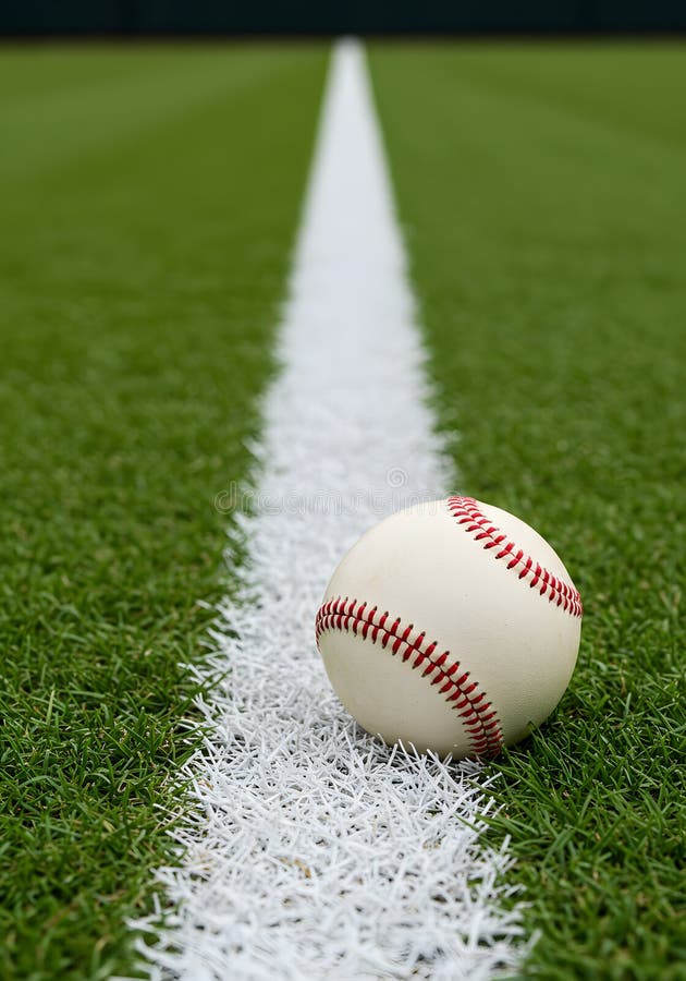 Baseball on the Field with a White Line Running Vertically through the ...