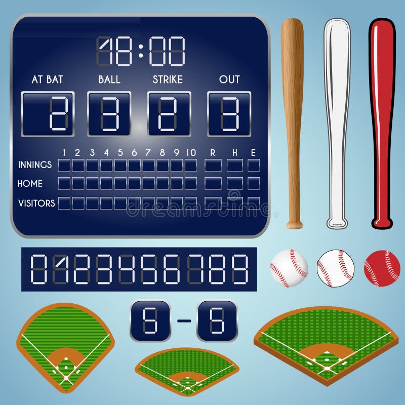 Baseball Fields with Scoreboard, Numbers, Bats, Balls Stock Vector ...