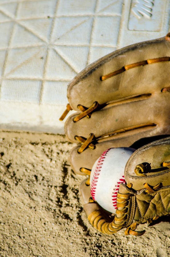Baseball Game Mitt and Ball on Home Plate / Base Stock Image - Image of ...