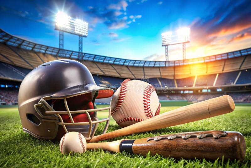 Baseball Gear Set on Grass at Stadium with Text Space Stock ...