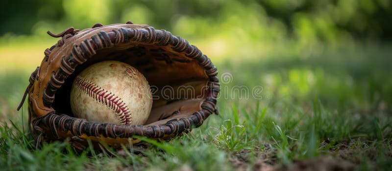 Baseball Glove with Ball Resting on Grass in Natural Outdoor Setting ...