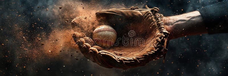 A Baseball Glove Catching a Ball with Dust and Dirt Exploding Around it ...