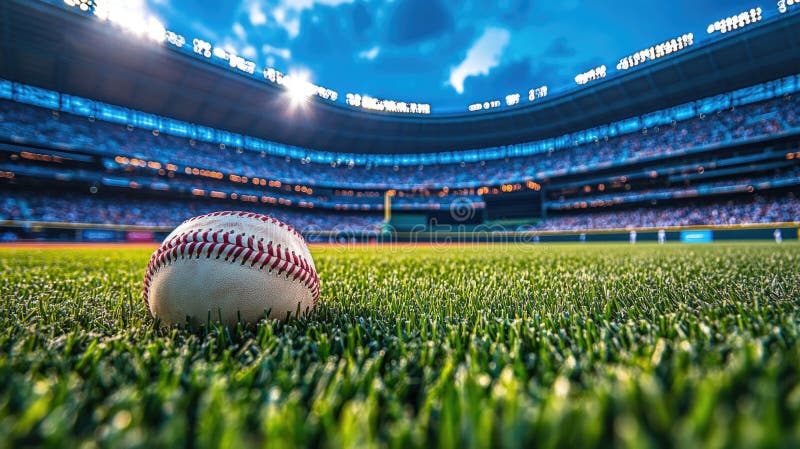 Baseball on Grass in Sunlit Stadium during Game Stock Photo - Image of ...