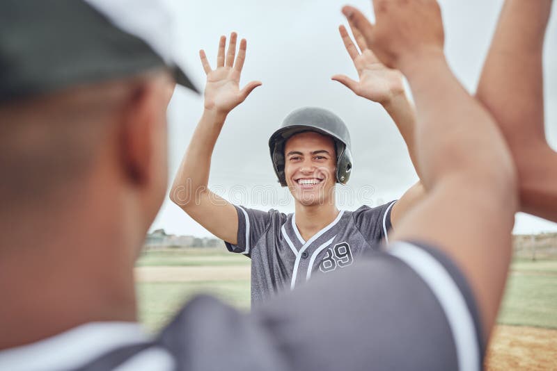 Baseball, High Five and Team in Celebration after Win in a Game, Match ...
