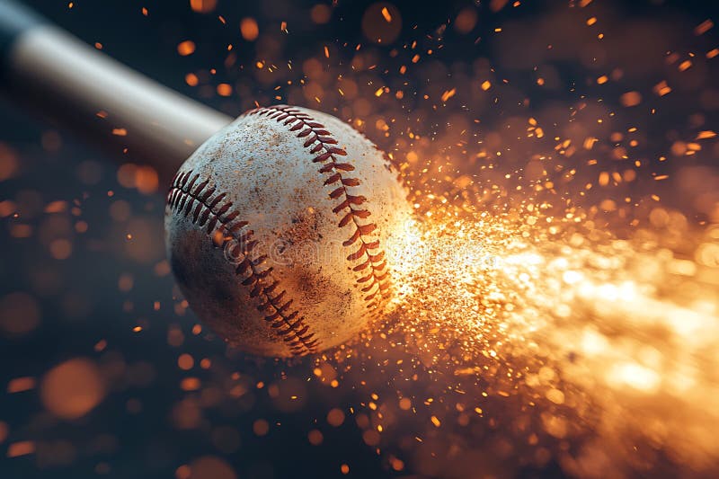 Baseball Hit by Bat with Flying Debris and Bokeh Lights on a Dark ...