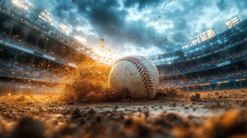 Baseball Hitting the Dirt during a Game with Dust and Grass Scattering ...