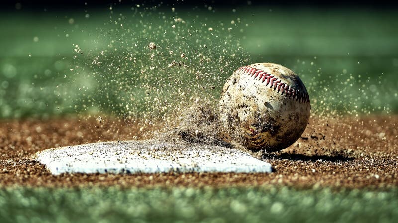Baseball Hitting First Base with Dirt Particles Exploding on a Sunny ...