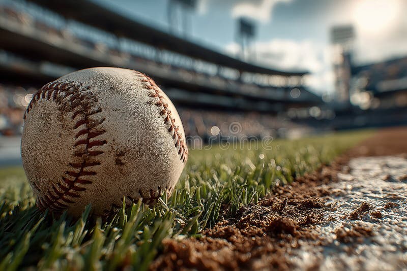 Baseball on Home Plate Under Dim Stadium Lights during Twilight, with a ...