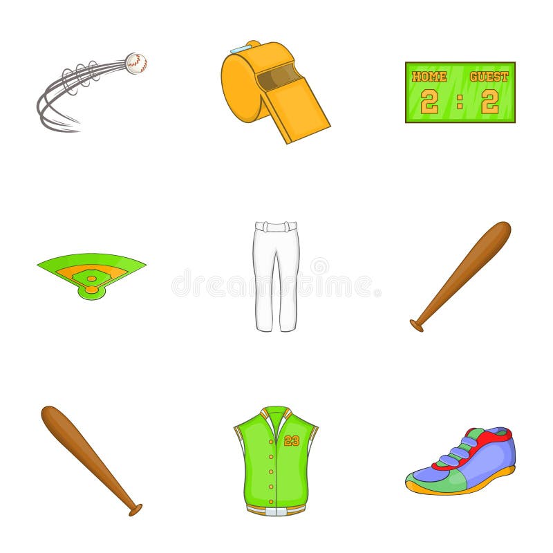 Baseball Icons Set, Cartoon Style Stock Vector - Illustration of ...