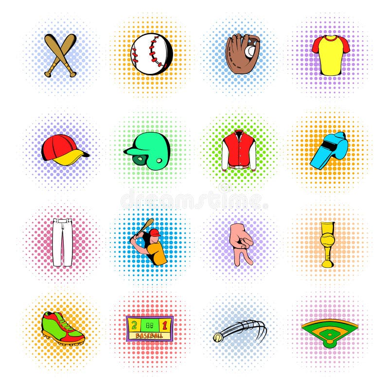 Baseball Icons Set, Comics Style Stock Illustration - Illustration of ...