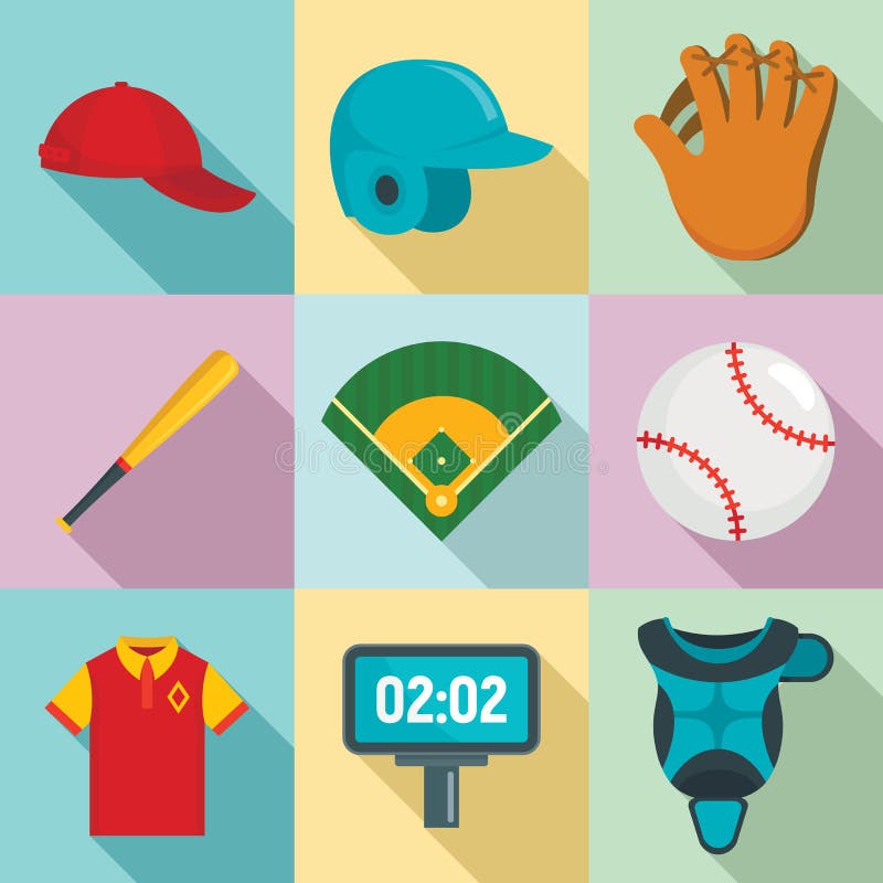 Baseball Icons Set, Flat Style Stock Vector - Illustration of game ...