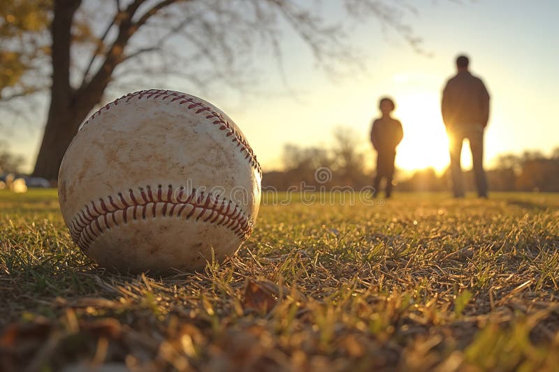 A Baseball is Lying on the Grass in Front of a Man and a Boy. Concept ...