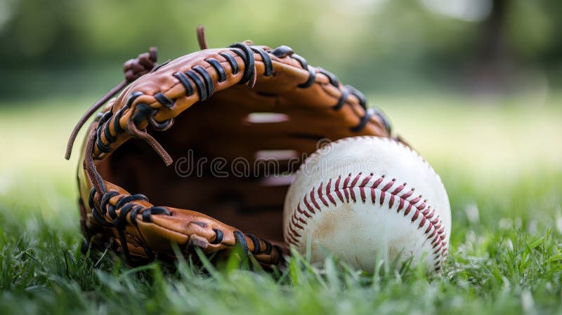 Baseball Mitt and Ball on Green Grass: Nostalgic Pastime Scene Stock ...