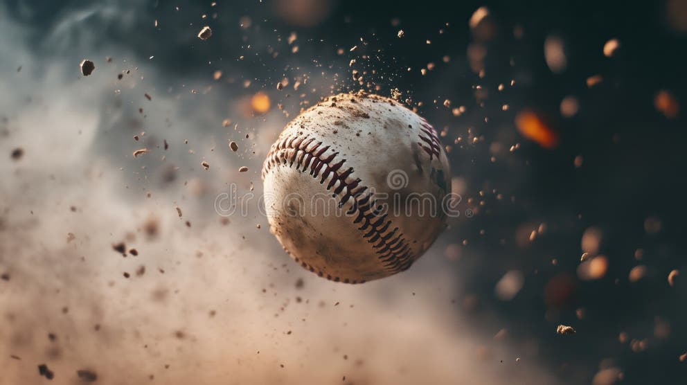Baseball in Motion, Surrounded by Dust and Debris, Dynamic Action Shot ...