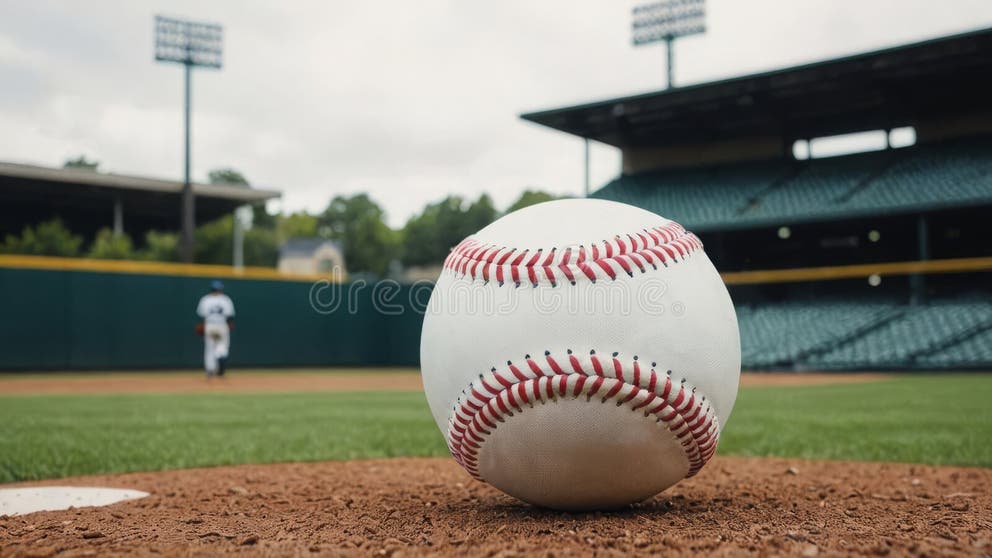 Baseball on the Mound with a Stadium Backdrop and Player in the ...