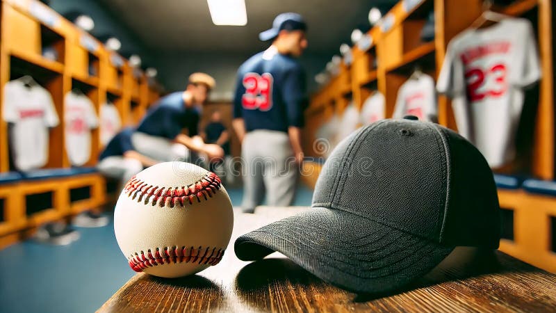 Baseball Next To a Team S Cap, with a Blurred Locker Room in the ...