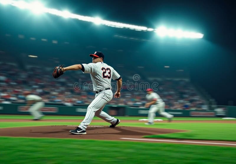 Baseball Pitcher in Action during Night Game at Stadium Stock Photo ...