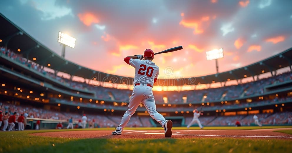 Baseball Player at Bat in a Dramatic Stadium Sunset Stock Photo - Image ...