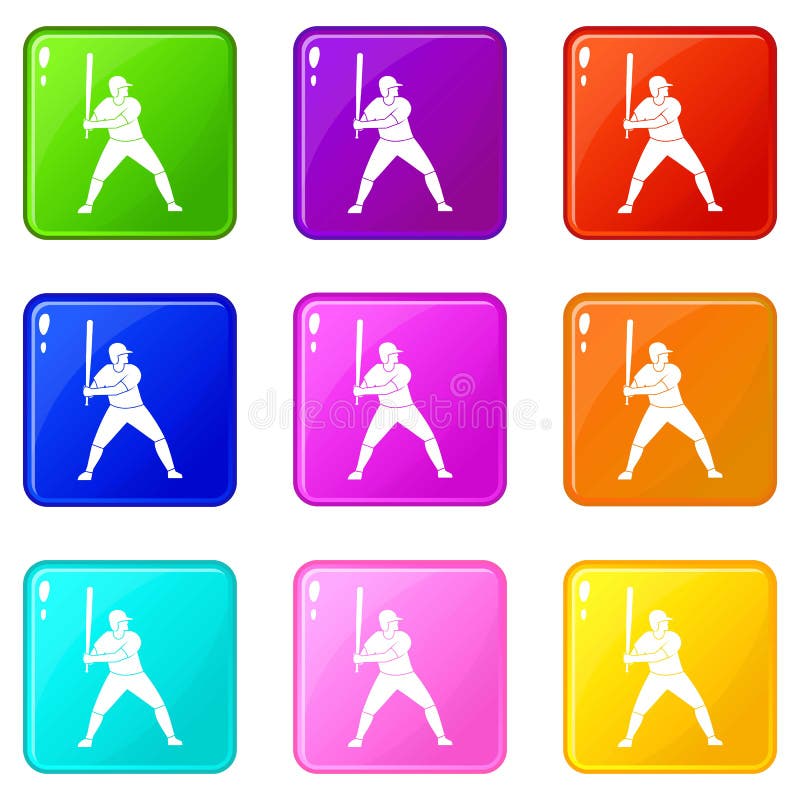 Baseball Player with Bat Icons 9 Set Stock Vector - Illustration of ...