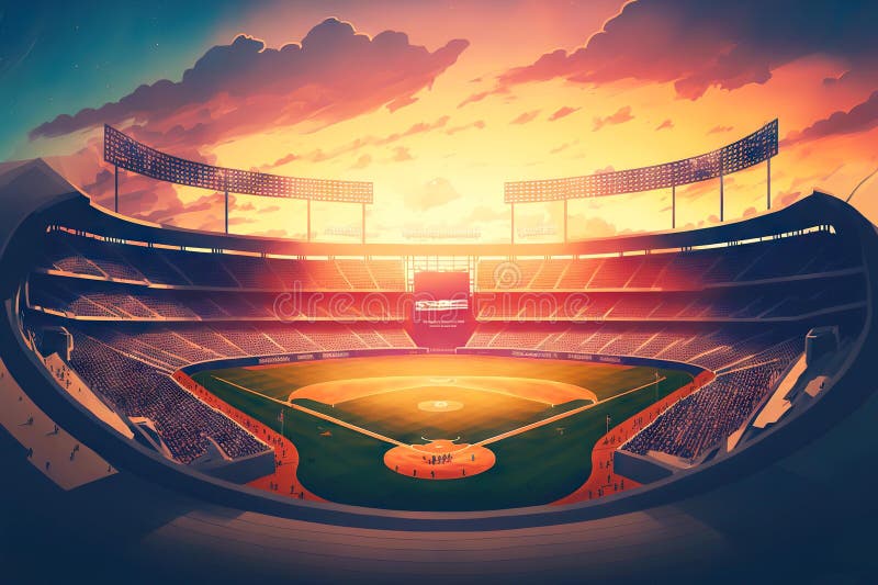 Baseball Player with Bat Stands in Front of Lit Stadium, Rear View ...