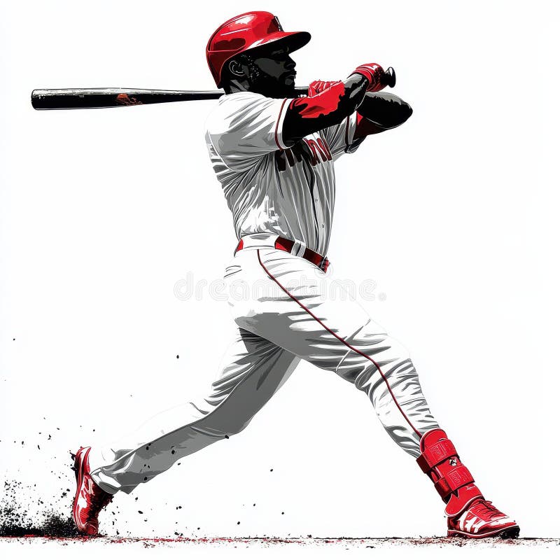 Baseball Player Batting Powerful Swing Action Isolated on White ...