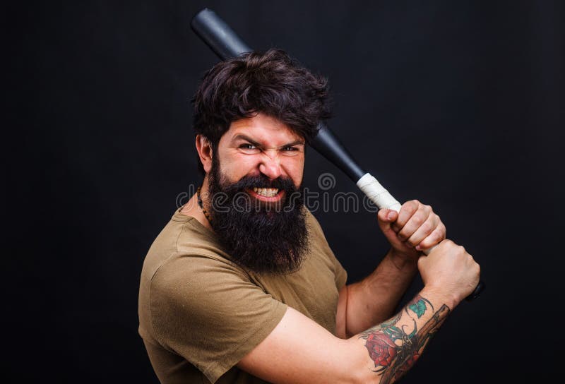 Baseball Player. Bearded Man with Baseball Bat. Sport Game. Stock Image ...