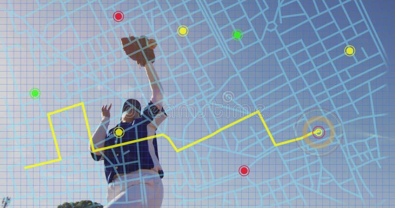 Baseball Player Catching Ball with Animation of Map and Data Points ...