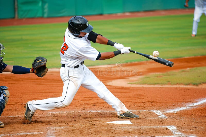 Baseball Player Makes Contact with the Ball, Executing a Powerful Swing ...