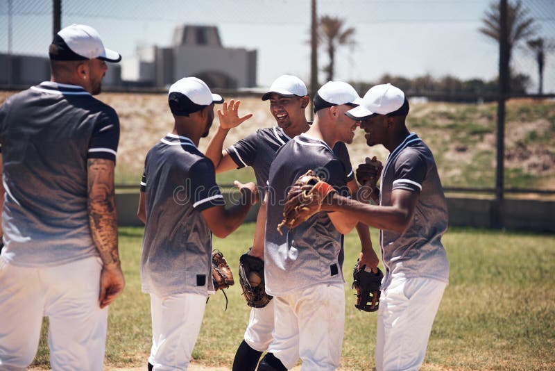 Baseball Player, Men and Team in Celebration, Winning and Handshake for ...