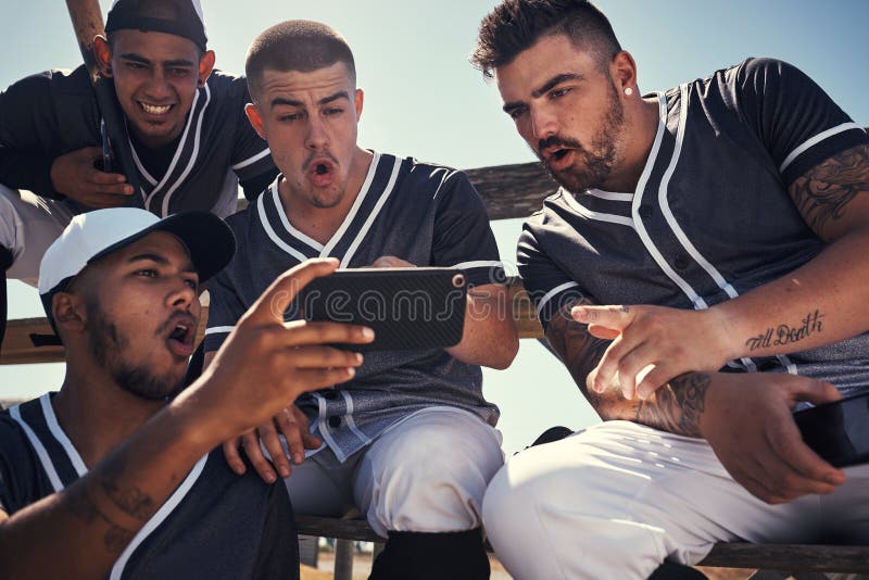 Baseball Player, Men and Together with Phone for Team Talk with ... Baseball Player, Men and Together with Phone for Team Talk with ...