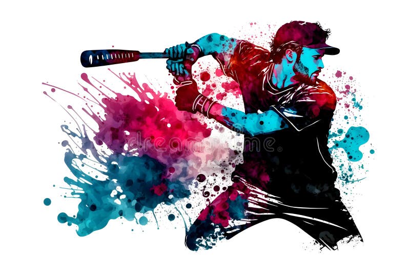 Baseball Player with Multicolored Watercolor Splash, Isolated on White ...