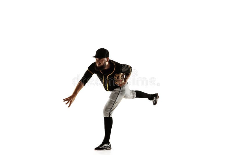 Baseball Player, Pitcher in a Black Uniform Practicing on a White ...