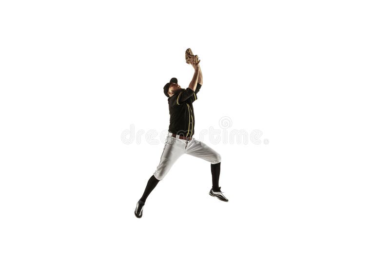 Baseball Player, Pitcher in a Black Uniform Practicing on a White ...