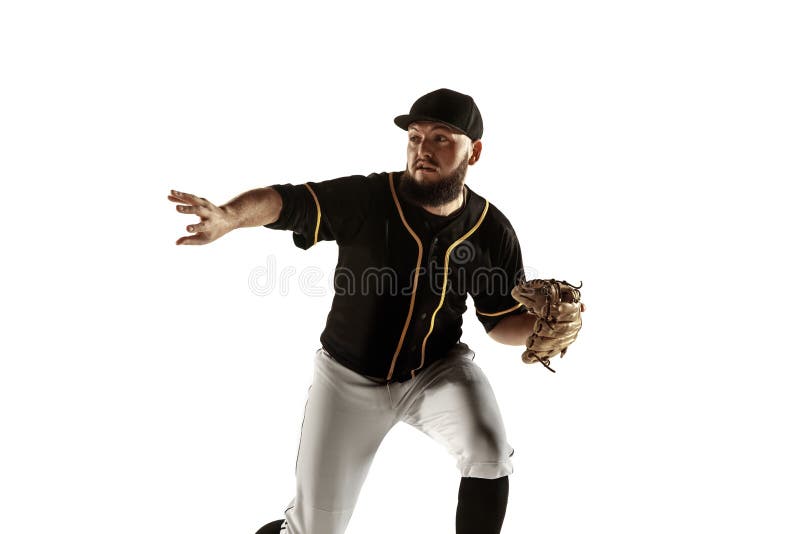 Baseball Player, Pitcher in a Black Uniform Practicing on a White ...