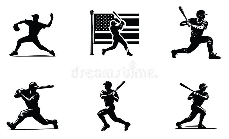 Baseball Player Silhouettes 6 Set in Different Poses Stock Vector ...