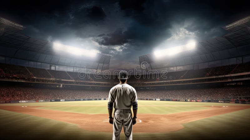 Baseball Player Standing Ready in the Middle of Baseball Arena Stadium ...